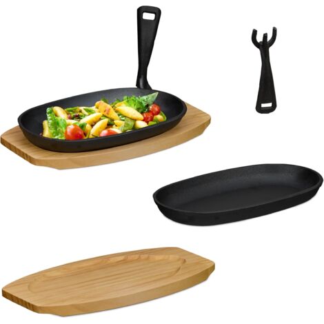 Relaxdays Serving Pan, Set of 2, Cast Iron Dish, with Wooden Trivets ...