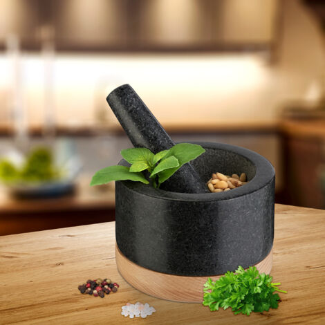 Relaxdays Pestle and Mortar, Wooden Base, HxD: 8.5 x 14 cm, Granite ...