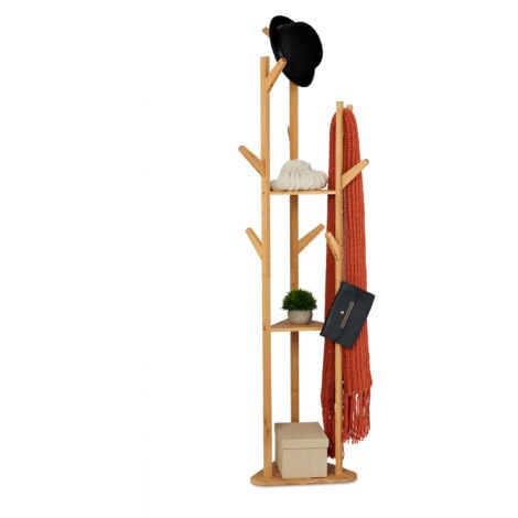 Relaxdays Triangular Coat Stand, with 9 Hooks, Bamboo, 2 Shelves ...