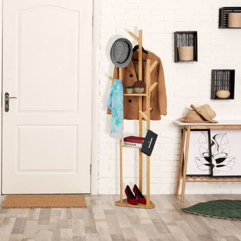 Relaxdays Triangular Coat Stand, with 9 Hooks, Bamboo, 2 Shelves ...