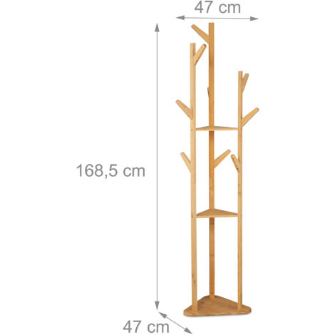 Relaxdays Triangular Coat Stand, with 9 Hooks, Bamboo, 2 Shelves ...