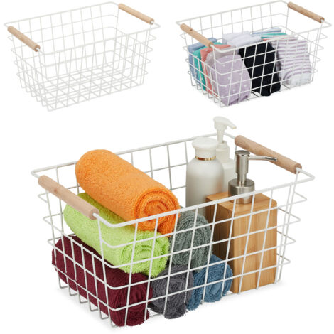 Relaxdays Wire Baskets, Set of 3, Wooden Handles, 16 x 31 x 21 cm ...