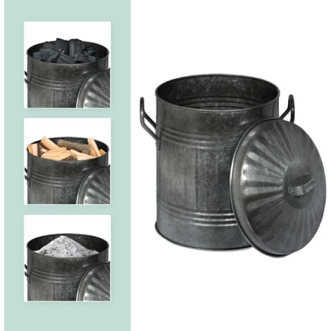 Relaxdays Ash bucket with lid, handles, 10 litres, galvanized iron, ash ...
