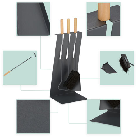Relaxdays Fireplace Tools, 4-Piece Accessory Set with Stand, Poker, Ash ...