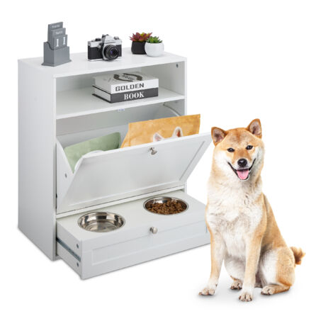 Relaxdays Pet Feeding Station, Drawer with 2 Bowls, Dog Food Storage ...