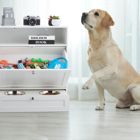 Relaxdays Pet Feeding Station, Drawer with 2 Bowls, Dog Food Storage ...