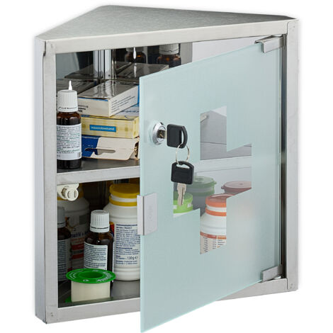 Relaxdays Corner Medicine Cabinet, 1 Shelf, 30x30x17.5 cm, Lock, First ...
