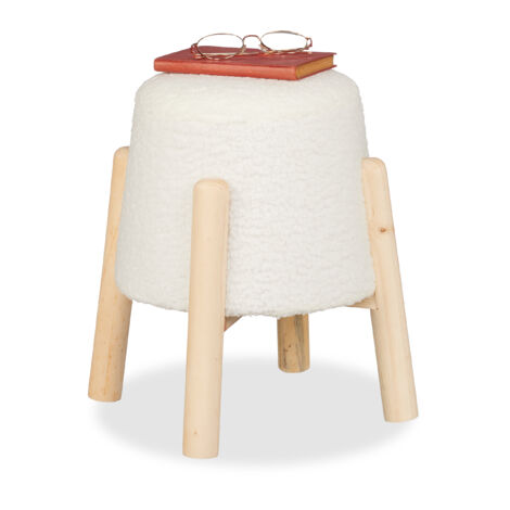 Relaxdays Stool, Faux Teddy Fur, Wooden Legs, HxD: 40 x 30 cm, Lounge ...
