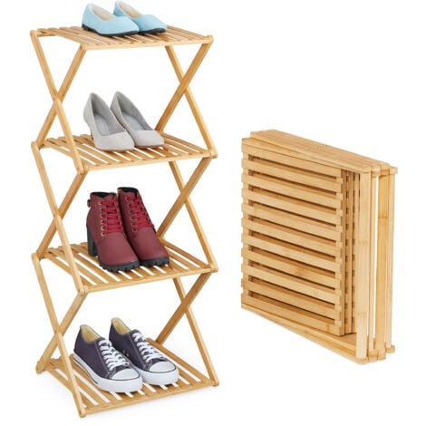 Relaxdays Folding Shoe Rack, Bamboo, 4 Shelves, for 4 Pairs, Footwear ...