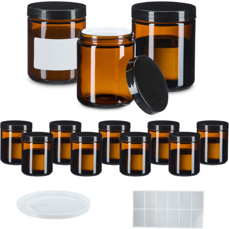 Relaxdays Amber Glass Jars, Set of 12, Cosmetics & Cream Pots, 240 ml ...