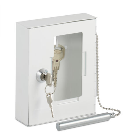 2 x lockable emergency key box with glass pane, hammer & keys, metal, white