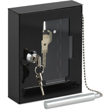 2 x emergency key cabinet, hammer & keys, lockable, metal, glass pane ...