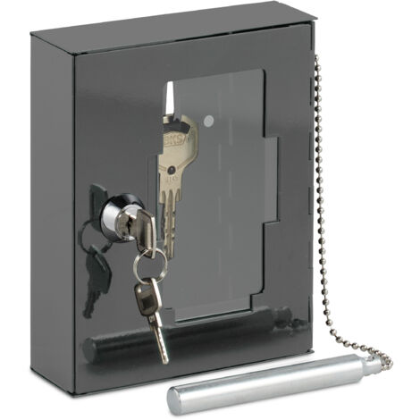 2 x lockable emergency key box with glass pane, hammer & key, metal, grey