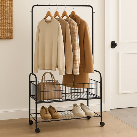 Relaxdays mobile coat rack with wheels, 2 shelves, coat rail, hooks ...