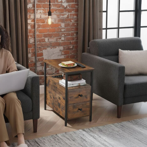 Relaxdays side table with sockets, USB ports, 2 drawers, HxWxD: 61 x 35 ...