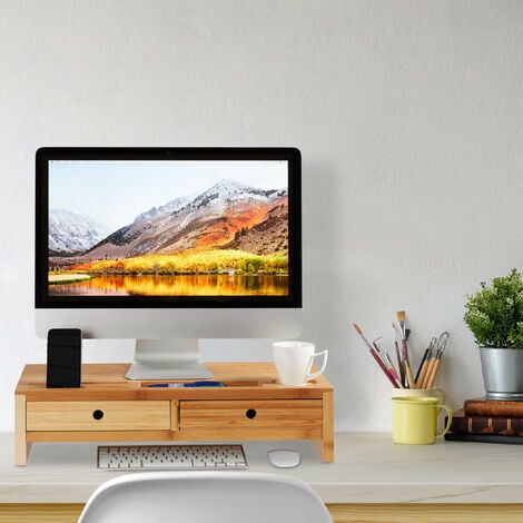 Relaxdays Bamboo PC Monitor Stand, Screen Riser with 2 Drawers ...