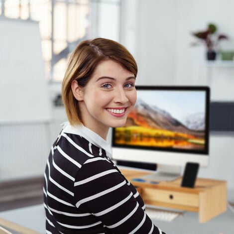 Relaxdays Bamboo PC Monitor Stand, Screen Riser with 2 Drawers ...