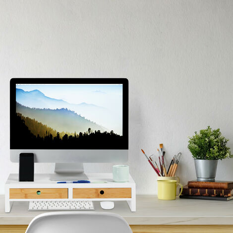 Relaxdays Display Stand, 2 Drawers, PC Screen Riser, Desk Mount, Bamboo ...