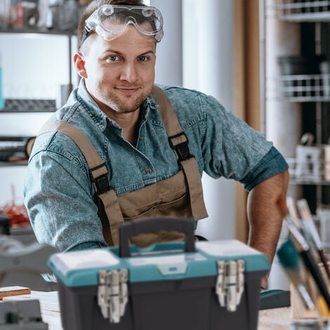 Relaxdays Empty Tool Box, With Handle, Plastic, Lockable, Toolbox, HWD 13 x 33 x 18 cm, Black-Green