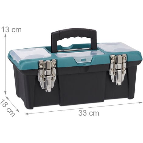 Relaxdays Empty Tool Box, With Handle, Plastic, Lockable, Toolbox, HWD 13 x 33 x 18 cm, Black-Green