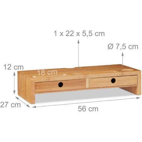 Relaxdays Bamboo Display Stand, Screen Riser with 2 Drawers and ...