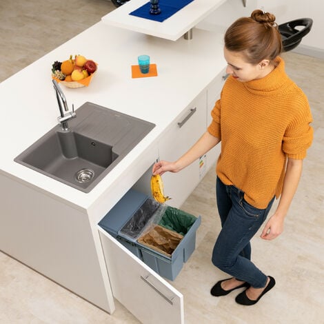 Relaxdays Built-In Kitchen Bin, 3-Compartment Waste Separation System ...