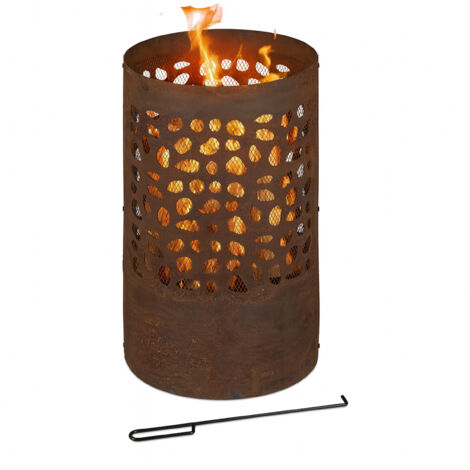 Relaxdays Rustic Fire Barrel with Grate, Poker, Spark Protection, H x Ø ...