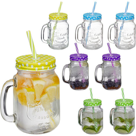 Relaxdays Drinking Jars Set of 8, Dishwasher Safe Including Lids and ...