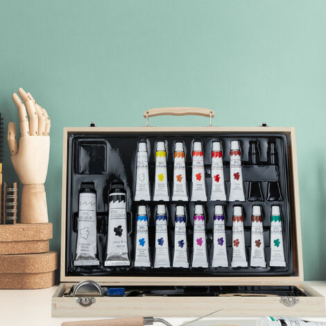 Relaxdays Wooden Painting Case, Artist's Supply Set, 18 Colours, Mixing ...