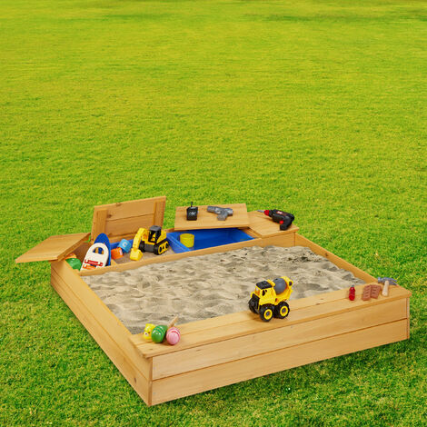 Relaxdays Sandbox with Mud Pit, Bench, Storage Compartment, 125 x 120 ...