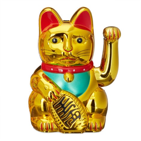 2x Maneki Neko Waving Cat, Good Luck Bringer, 16 cm, Gold