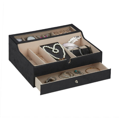 Relaxdays Jewellery Organiser with Lid, Leather Look, Velvet, Jewelry ...