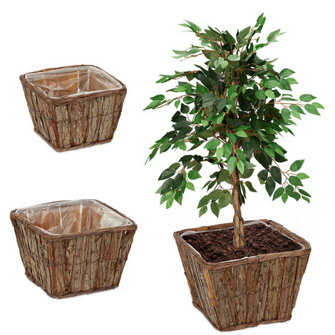 Relaxdays Flowerpot, Set of 3, Wood, Plant Basket with Foil, 3 Various ...