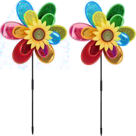 Relaxdays Flower Windmill, in a Set of 2, Decorative Garden Pinwheel ...