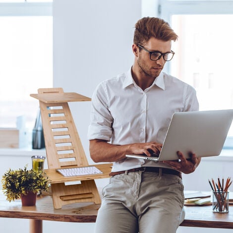 Relaxdays Standing Desk Extension Desk, Bamboo, 2 Shelves, Height ...