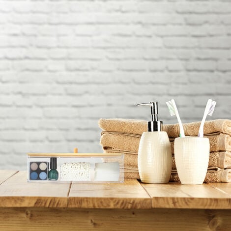 Relaxdays Toiletry Storage Box with Bamboo Lid, 3 Compartments, Plastic ...