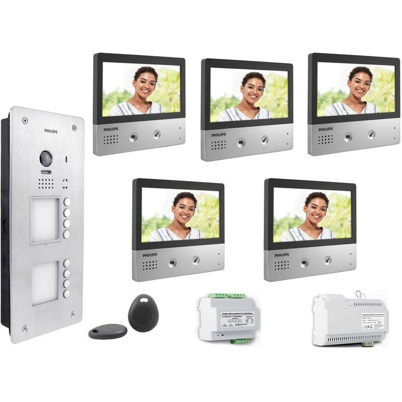 KIT VIDEOCITOFONO 5 FAMIGLIE PHILIPS 2 FILI A COLORI VIVAVOCE 7 POLLICI