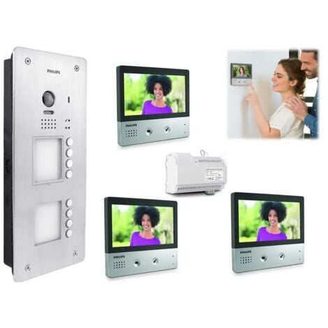 KIT VIDEOCITOFONO 3 FAMIGLIE PHILIPS 2 FILI A COLORI VIVAVOCE 7 POLLICI