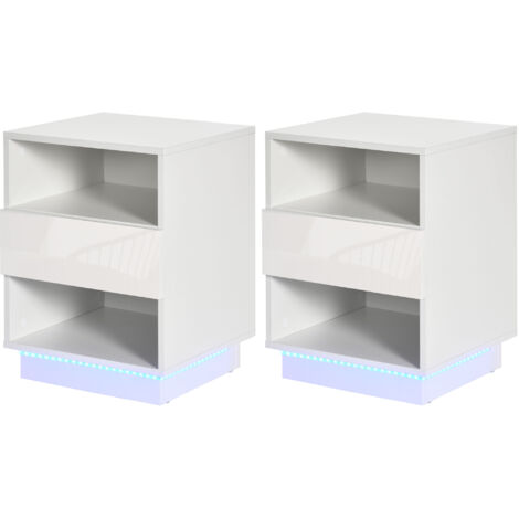 HOMCOM Comodini con LED Set 2 Pezzi con Cassetto e 2 Ripiani Aperti