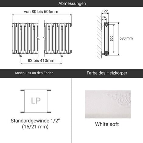 Gussheizkörper ohne Fuss - Höhe 580mm - Länge 360mm - 291 watt - Dicke mm - Kapazität 2.72L ...
