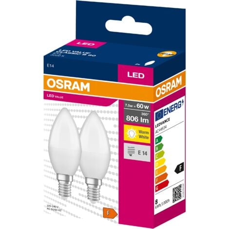 OSRAM LED-Lampe LED Value Classic, B60, E14, EEK: F, 7,5 W, 806 lm, 3000 K, 2 Stück