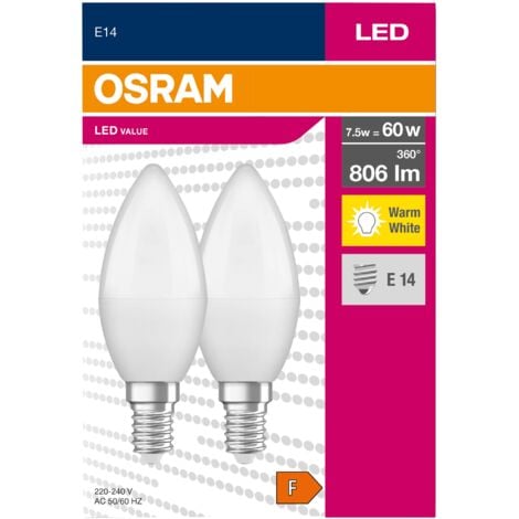 OSRAM LED-Lampe LED Value Classic, B60, E14, EEK: F, 7,5 W, 806 lm, 3000 K, 2 Stück