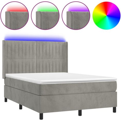 Cama box spring colchón y LED terciopelo gris claro 140x200 cm