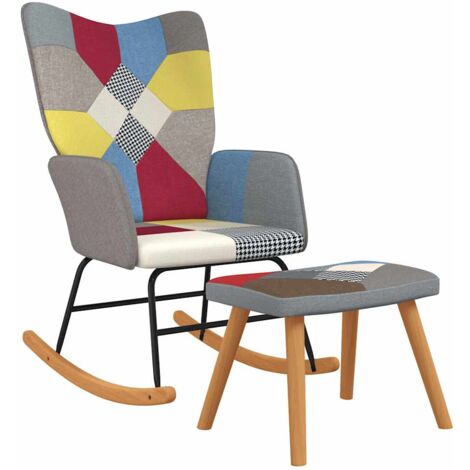 Silla mecedora con reposapiés tela patchwork