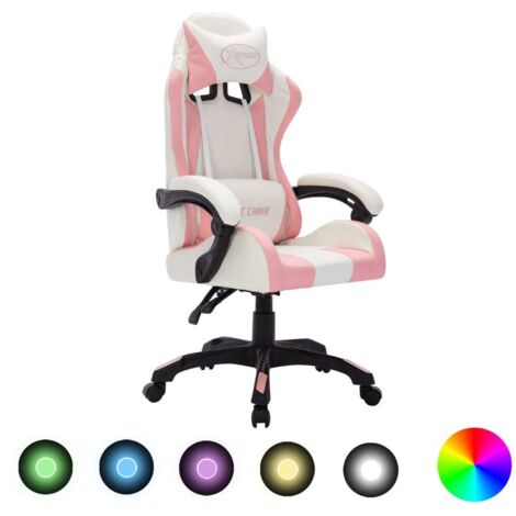 Silla gaming con luces LED RGB cuero sintético rosa y negro