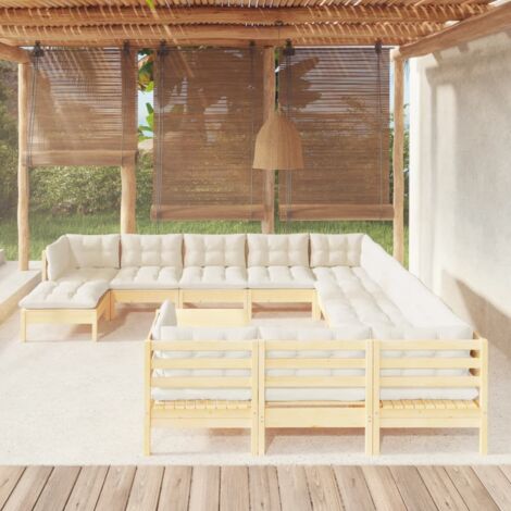 Muebles de jardín 13 piezas cojines madera de pino color crema