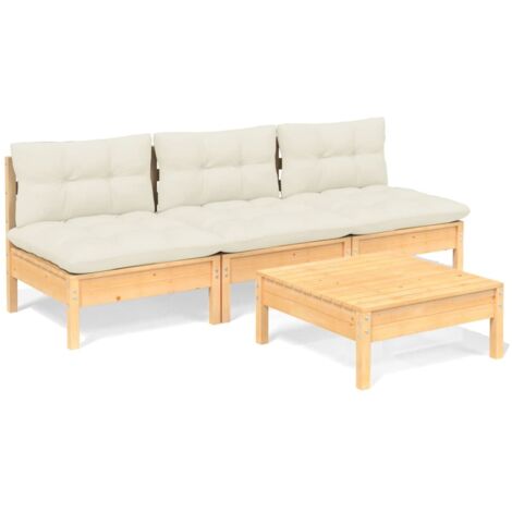 Muebles de jardín 4 piezas cojines madera de pino color crema