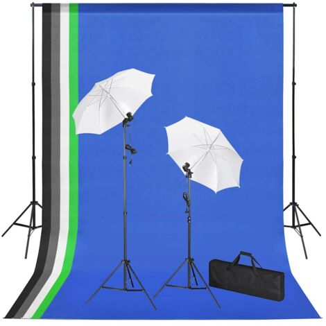 Set estudio fotográfico con telones de fondo, focos y paraguas