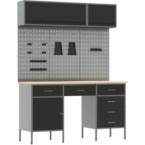 Mueble de trabajo y panel perforado 7 piezas MDF y metal negro