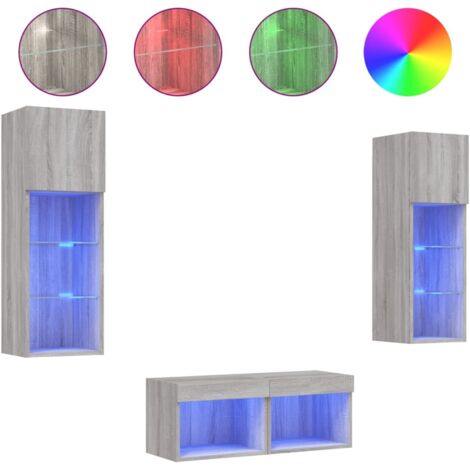 Muebles de TV de pared con luces LED 4 piezas gris